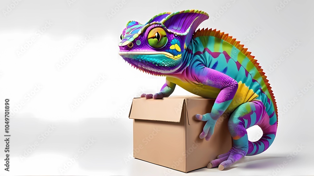 The chameleon is holding a cardboard box. T-box is brown and has a lid ...