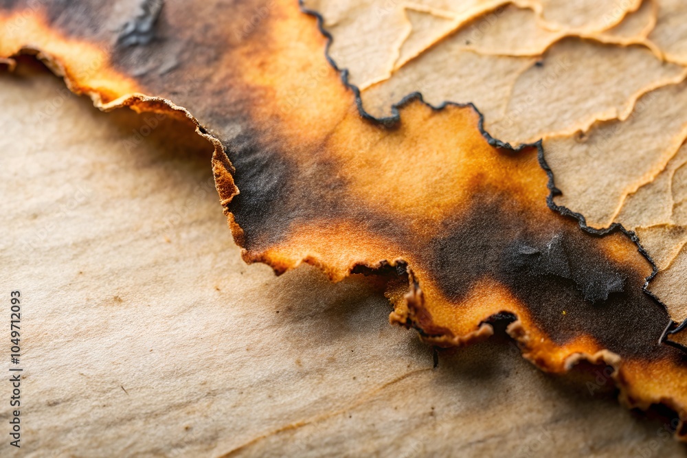 Macro close-up of burnt-edge paper with intricate charred details ...