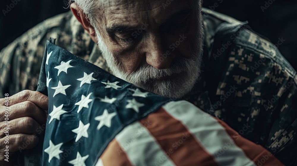 old military man holding USA American flag as a symbol of Veterans Day ...