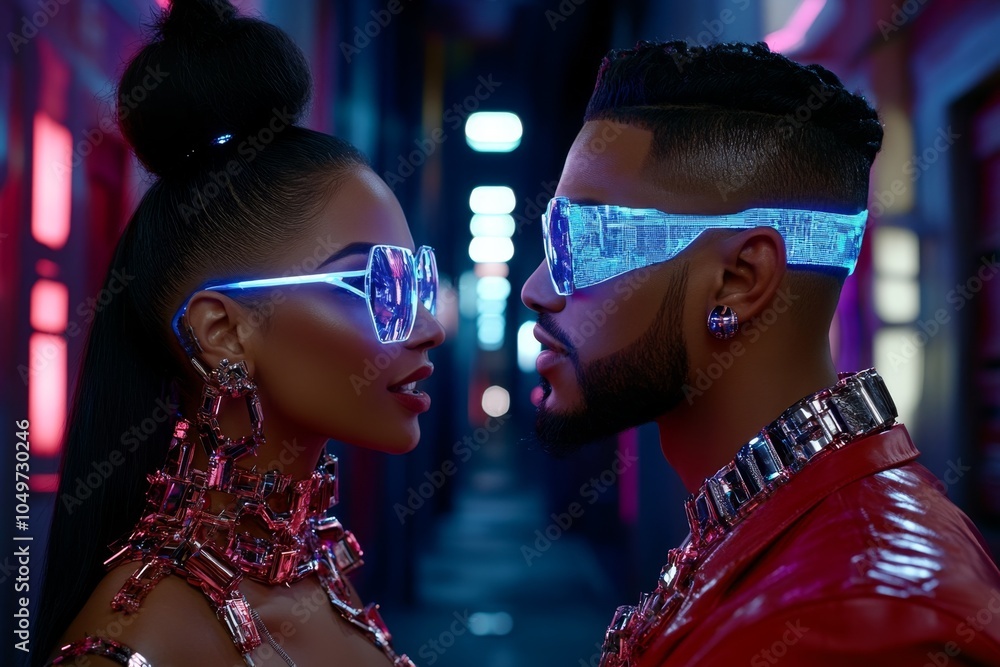 Two cyberpunk characters talking in a neon-lit alley, with glowing ...
