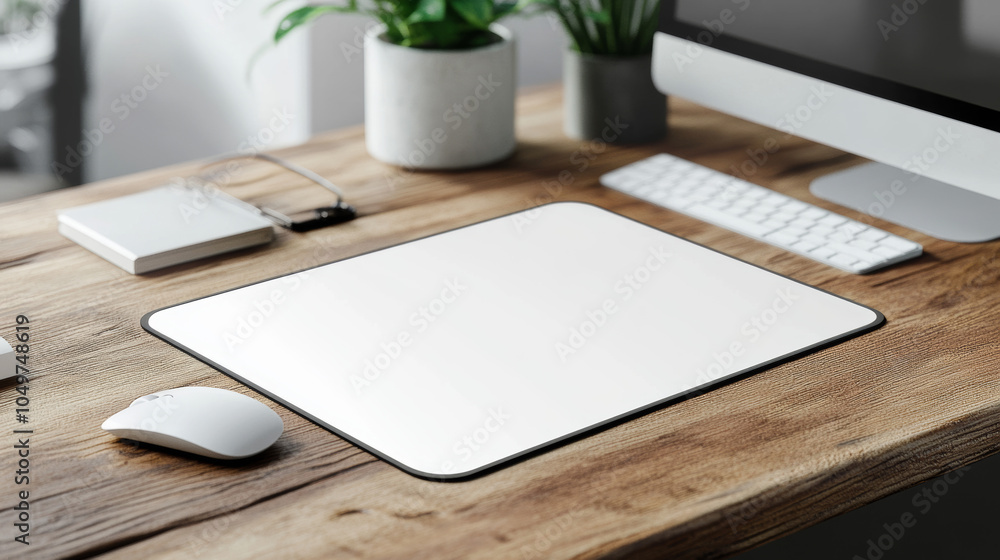 A plain white mouse pad sits on a desk. It's empty, ready for you to ...