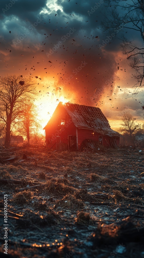 Tornado Devastation at Farm, flattened barns, destroyed crops, stark ...