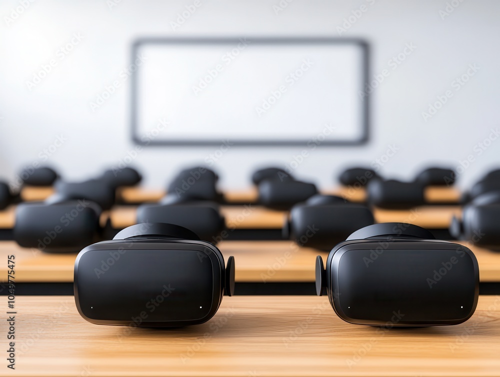 VR Classroom: A classroom setting with rows of desks and a whiteboard ...
