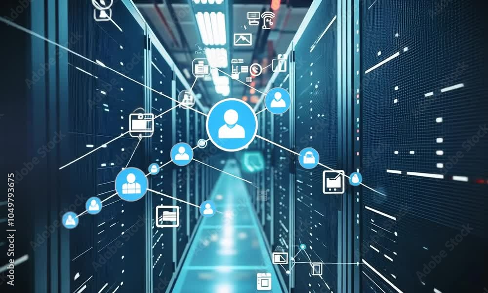 A digital representation of a data center with interconnected servers and data flow ...