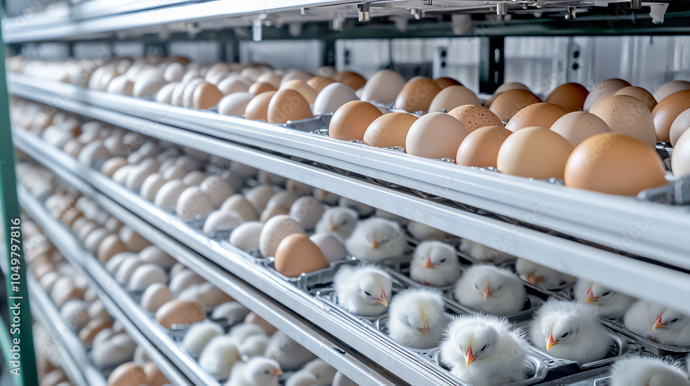 Bright hatchery room with trays of eggs in incubators, some beginning ...