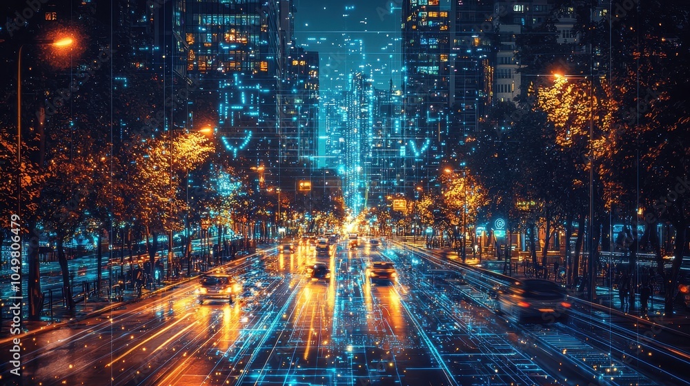 A smart city street filled with self-driving electric vehicles, each ...