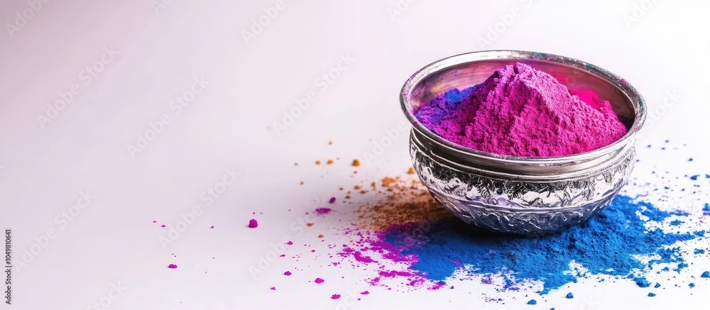 Indian festival Holi concept with a silver bowl of multiple colors on a ...