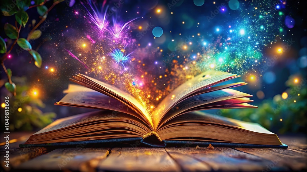 An enchanted book glimmers in darkness, its illuminated pages inspiring ...