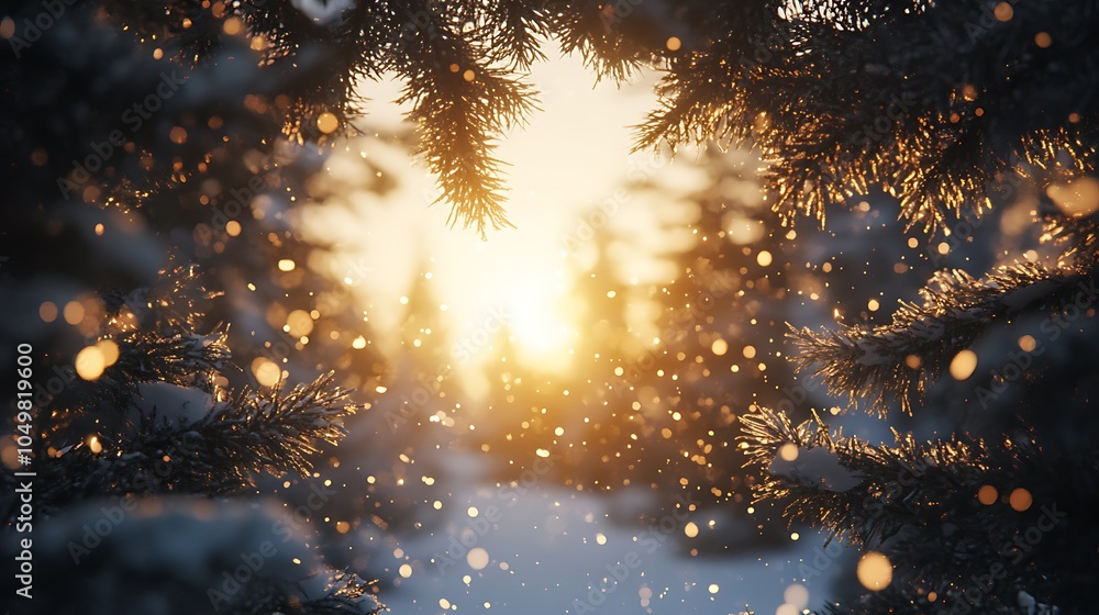 Snowflakes gently falling over fir branches framing a bright, snowy ...