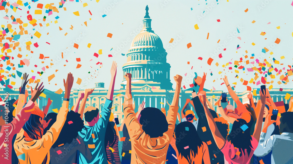 Diverse Americans Celebrating Election Night with Confetti, U.S ...