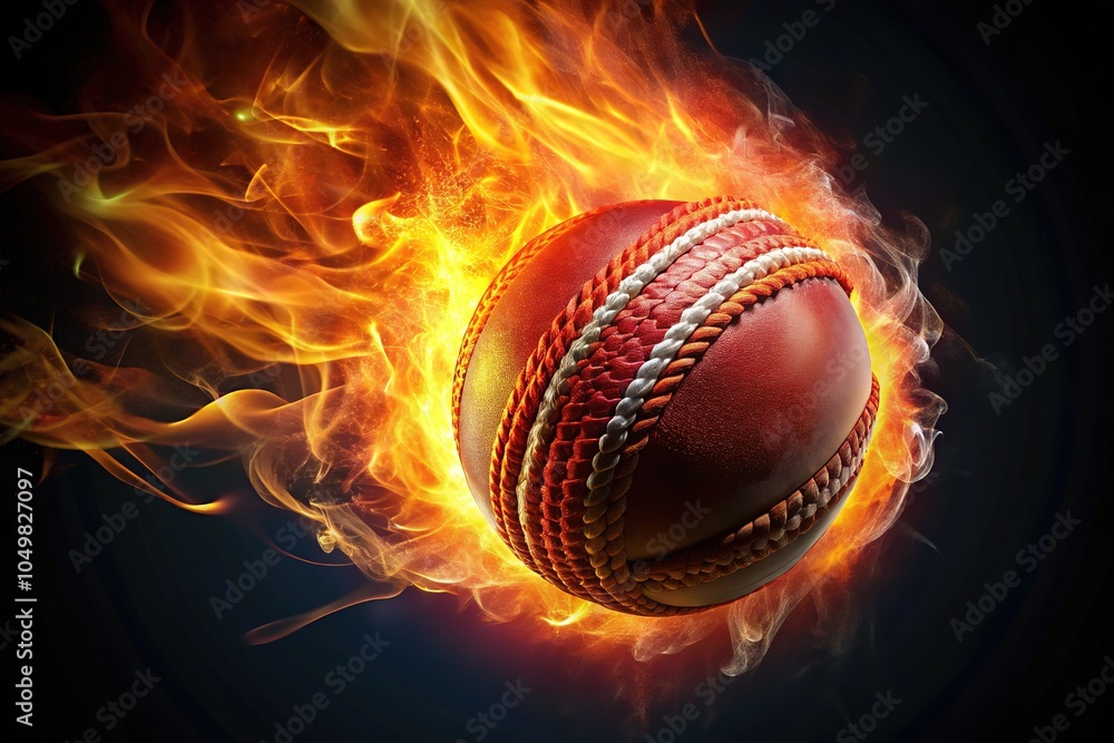 Ignited by passion, a flaming cricket ball blazes against a dynamic ...