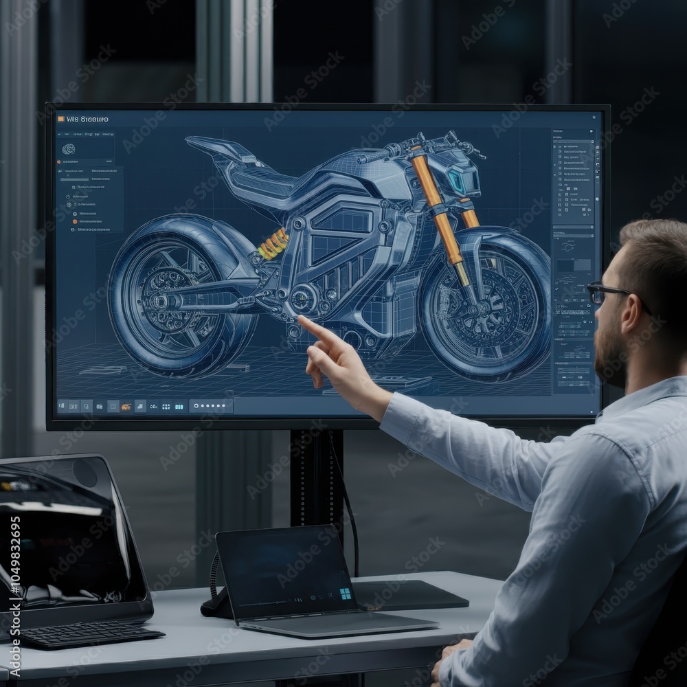 Futuristic motorcycle design studio, holographic 3D projection ...