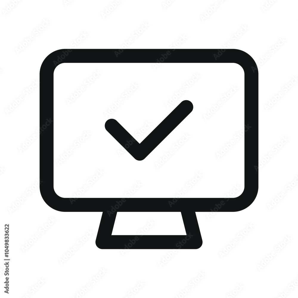 Computer display with check mark UI icon, monitor screen ok simple line user interface vector ...