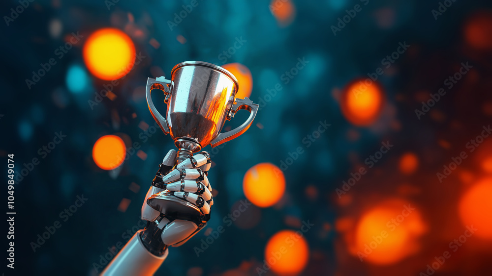 ai robot hand holds and raised cup trophy, holding cup against clean ...