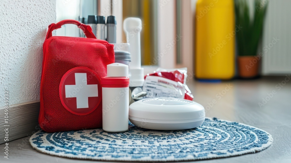 A close-up of home safety equipment, such as smoke detectors and first ...