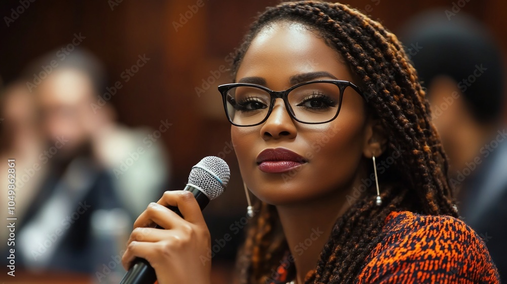 A young black woman with dreadlocks speaks into a microphone with a ...