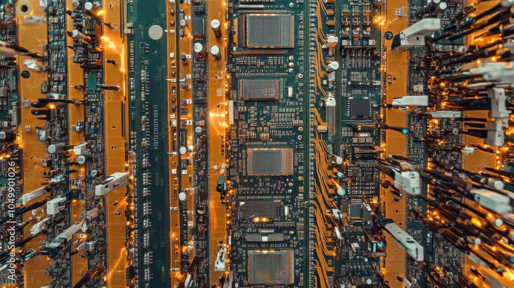 Macro image of a CPU seated on a complex mainboard, surrounded by ...