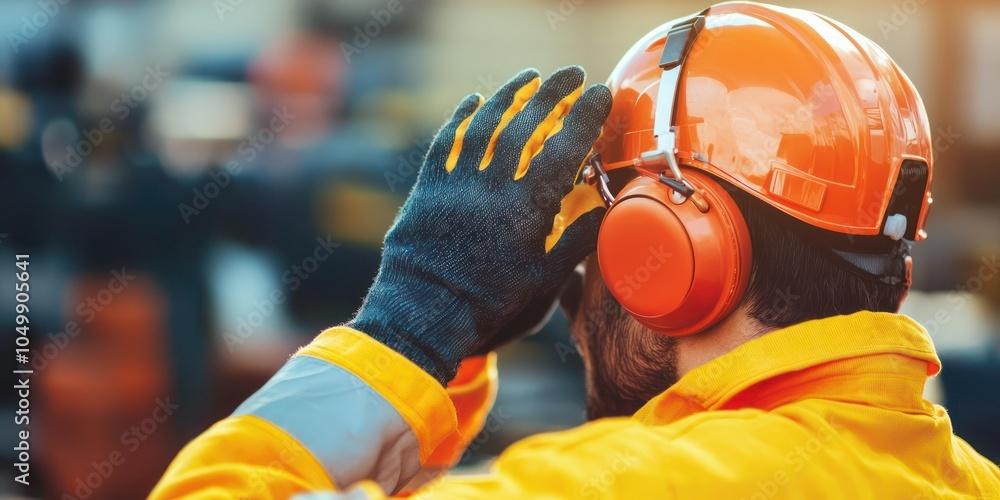 A close-up of an employee using safety equipment, such as earplugs or ...