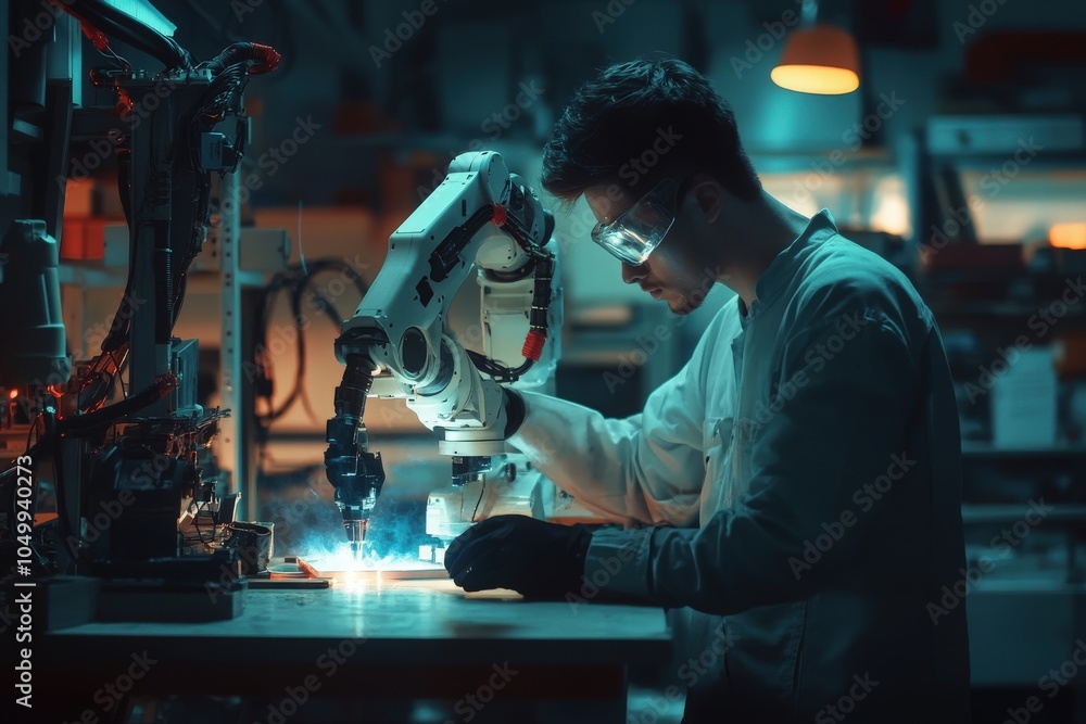 Student engineer Assembling Robotic Arm with computer in Technology ...