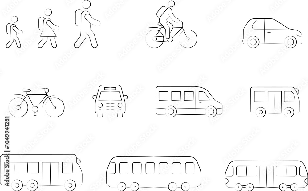 Simple hand drawn icons on the theme of commuting to work or school. A ...