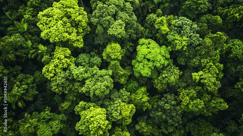 Aerial view of dense forest canopy, showing vibrant green trees in a ...