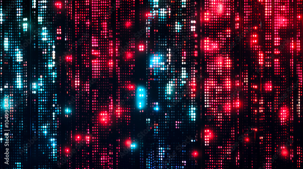 Colorful LED dots in vertical patterns with red and blue hues on a dark ...