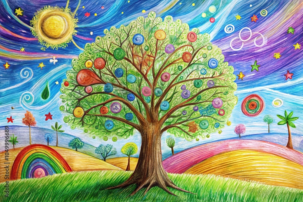 Whimsical tree illustration filled with vibrant colors, perfect for ...