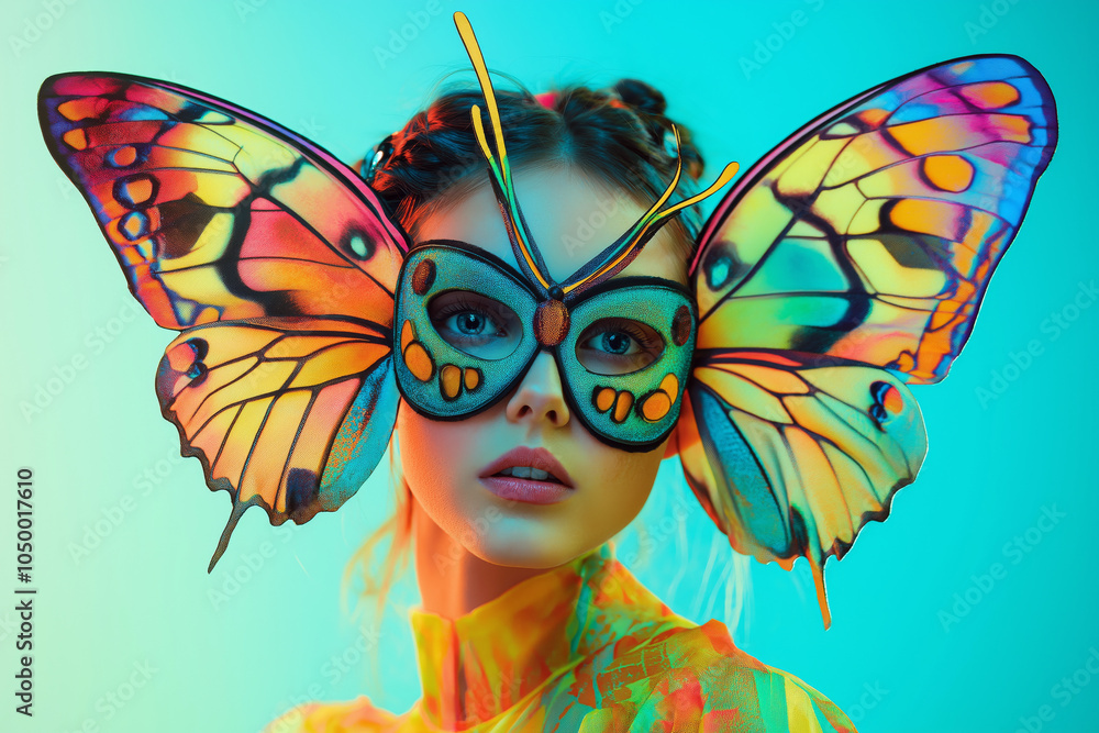 Teen girl mimicking a butterfly, wearing a butterfly mask, large wings ...