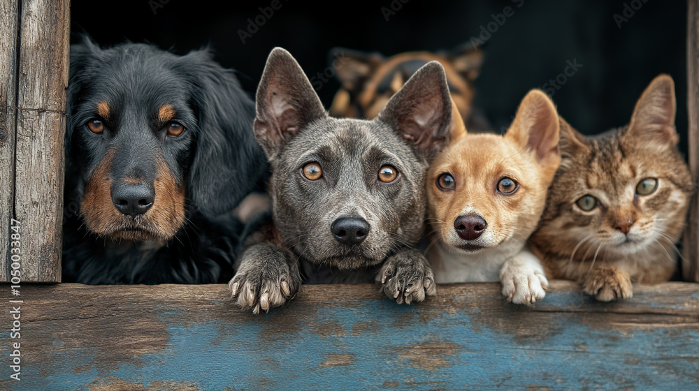 close-up homeless animals: dogs and cats are waiting for their owner, a ...