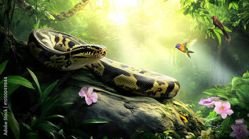 Beautiful Reticulated Python Gracefully Exploring a Sunlit Rock in a ...