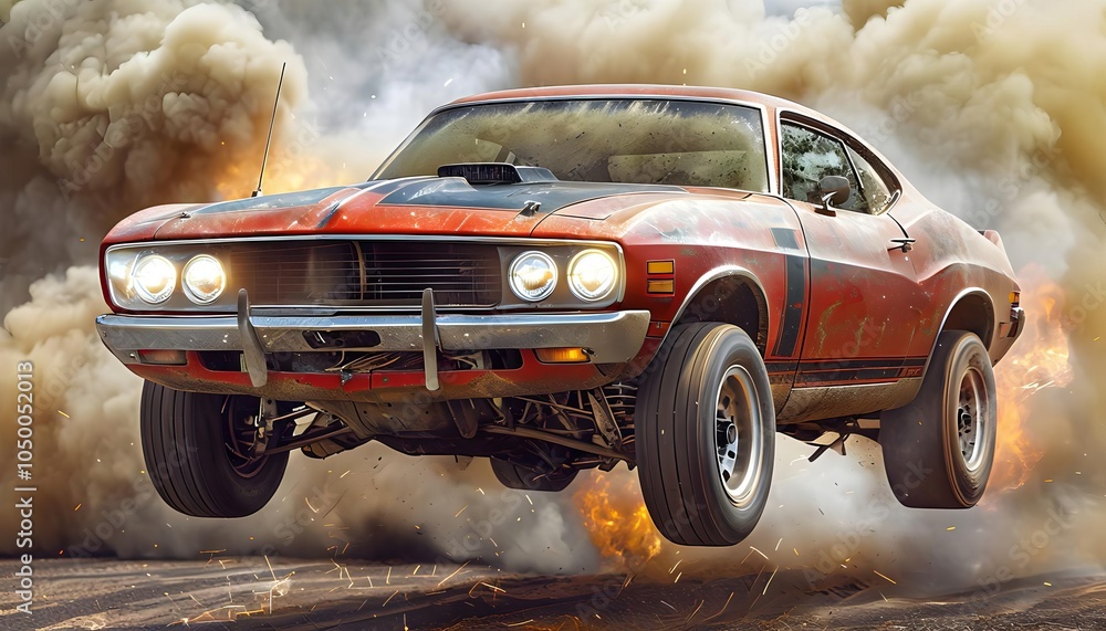 Vintage muscle car in mid-air amidst smoke and sparks, action and ...