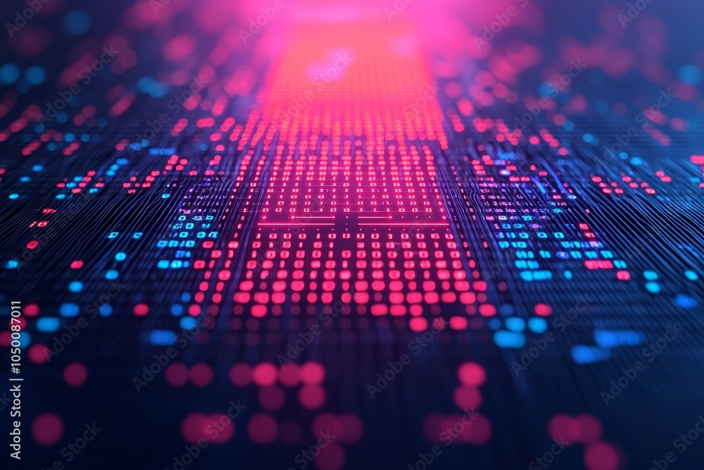 Rising matrix of red and blue binary code creating a vertical data ...