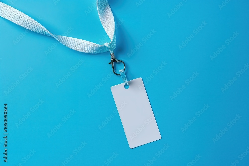 Empty ID card badge icon with blue belt, on blue background. Space for ...