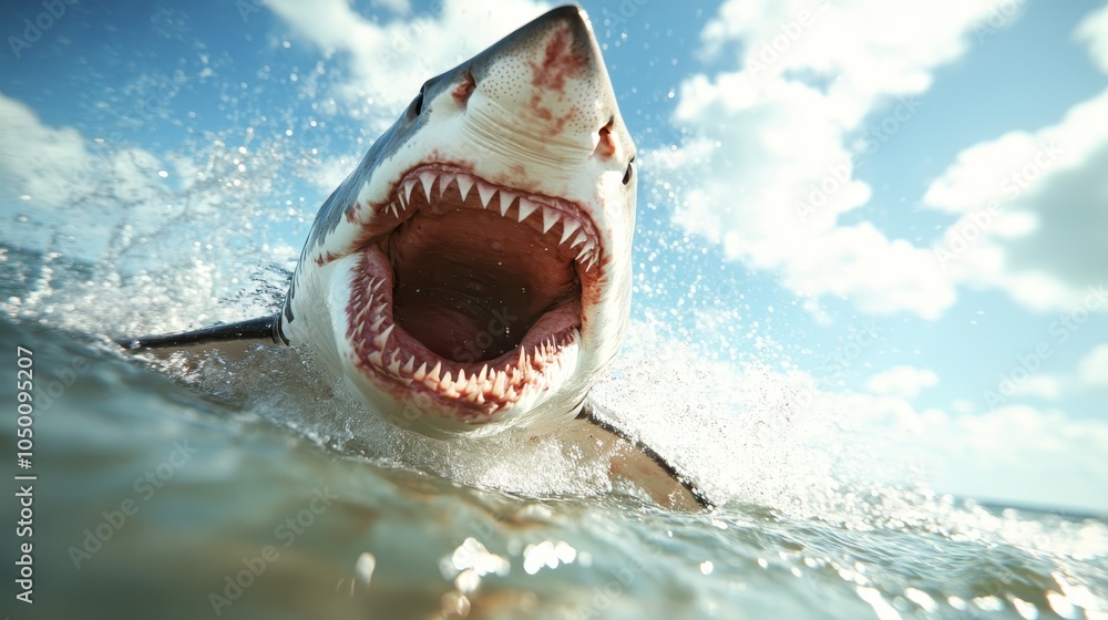 A great white shark, mouth agape and teeth exposed, breaches ...