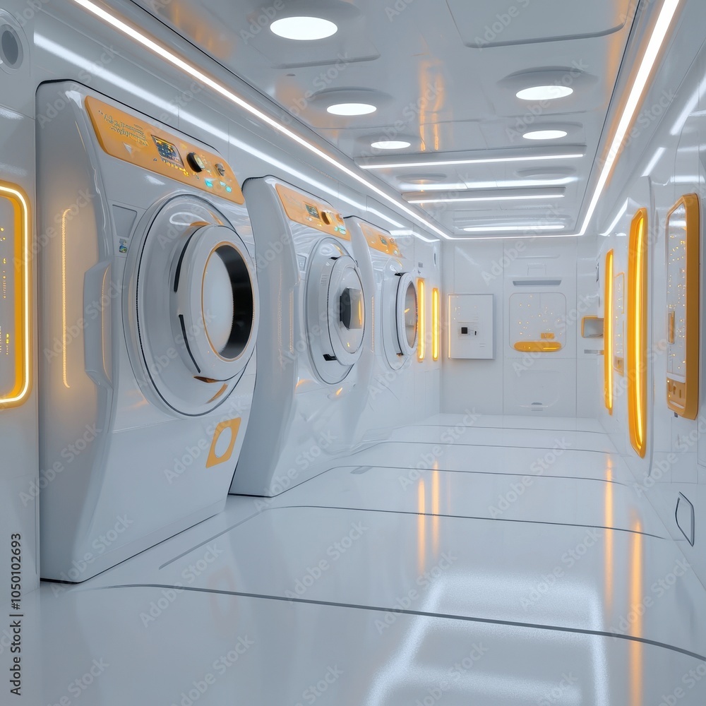 Futuristic laundry room in a space station with zero-gravity drying ...