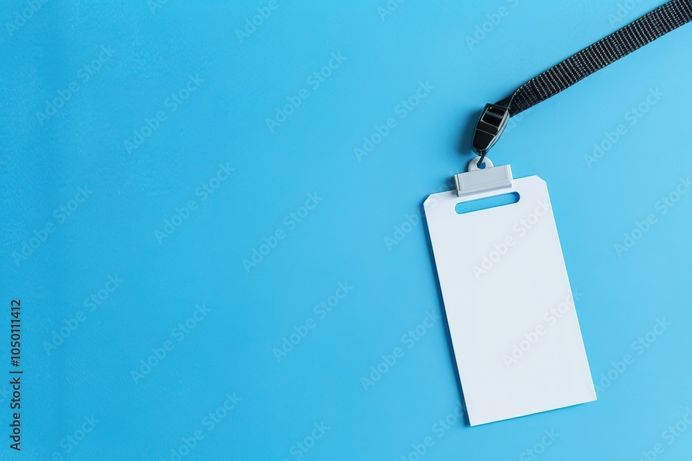 Empty ID card badge icon with blue belt, on blue background. Space for ...