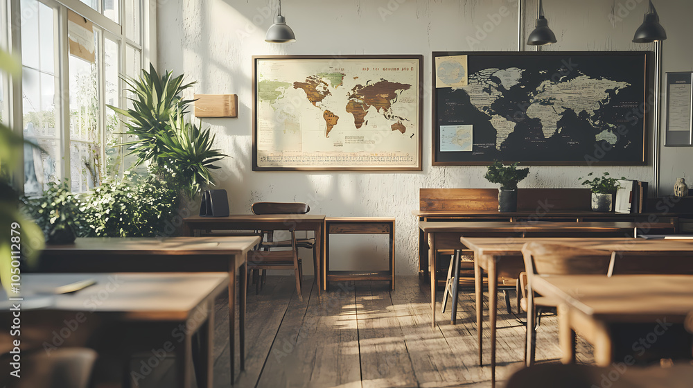 A vintage school classroom with wooden desks and chalkboards, capturing ...