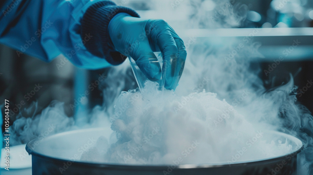 Close-up hand working with liquid nitrogen from cryogenic tank at ...
