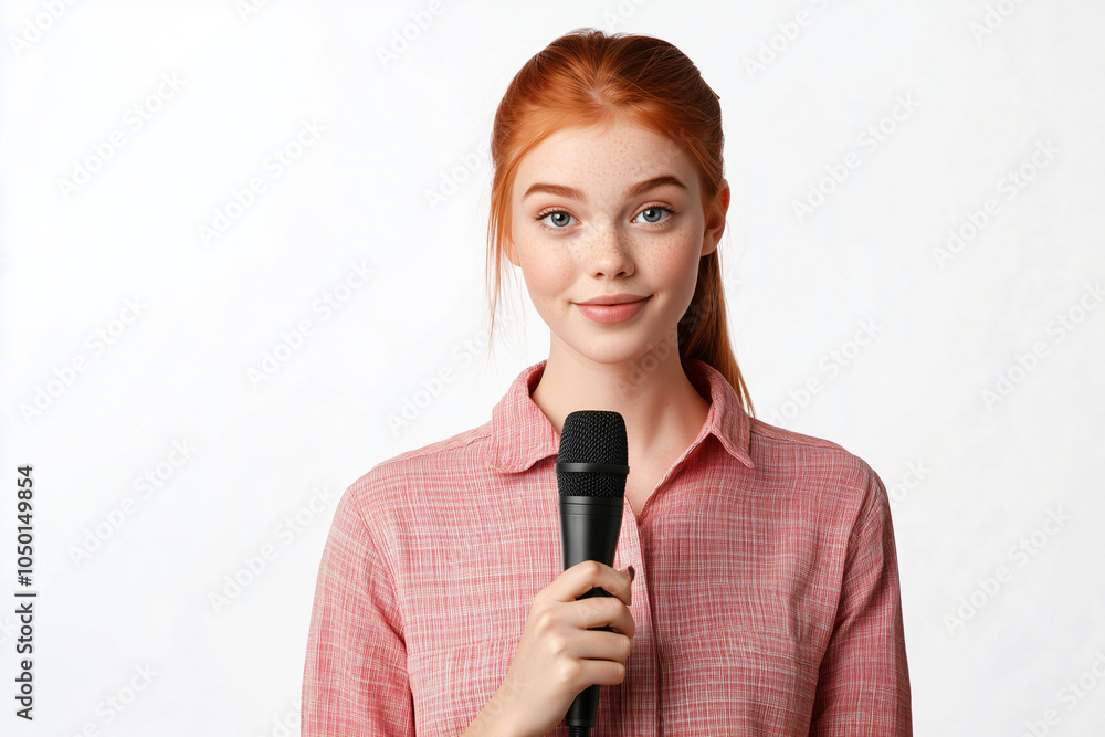 Young pretty redhead girl over isolated white background as a reporter ...
