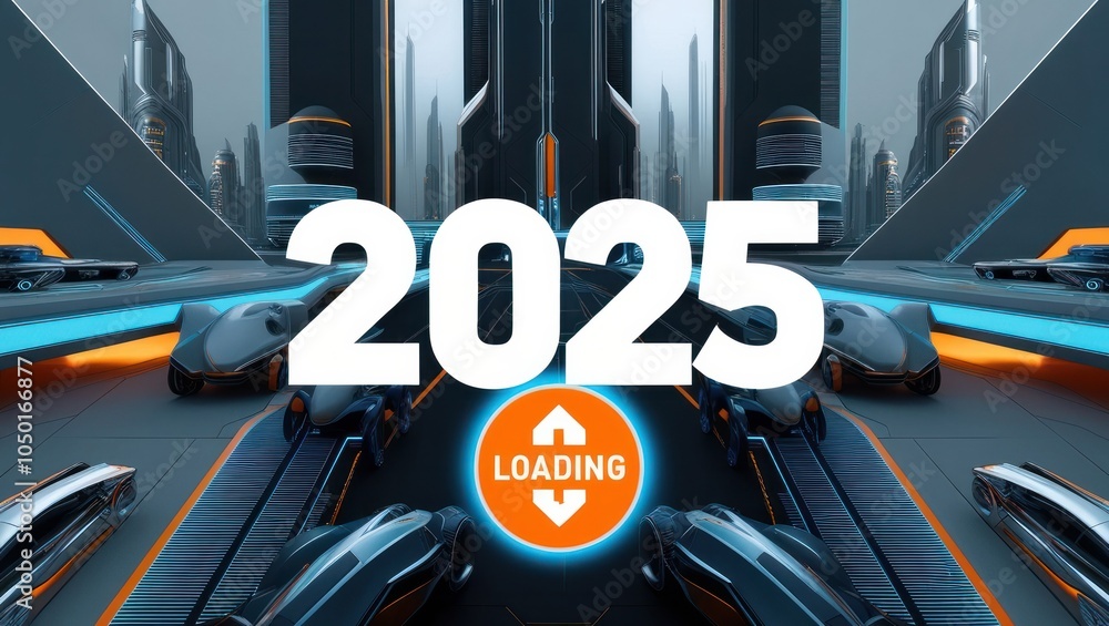 Futuristic cityscape 2025 loading button, power button. New 2025 year ...