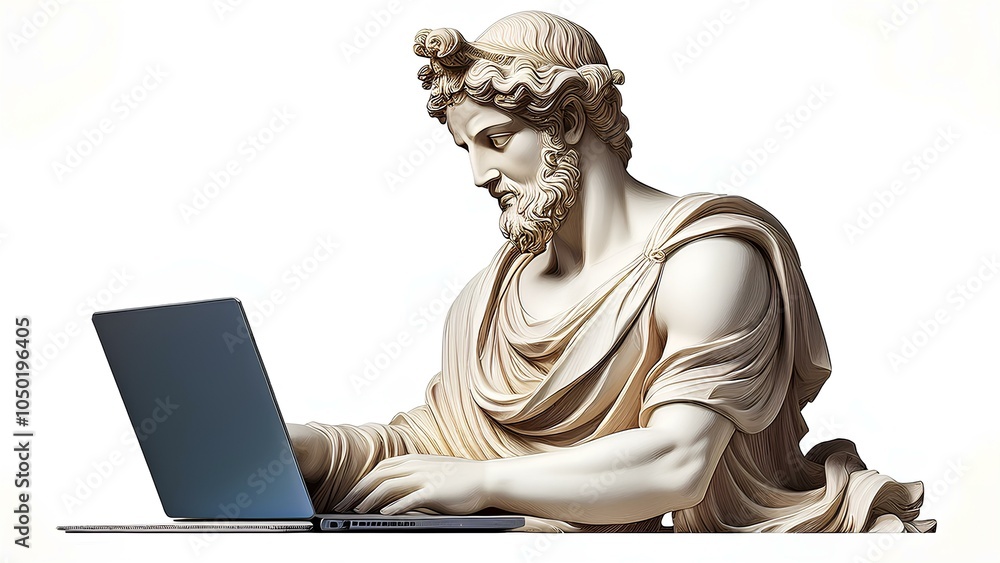 Greek sculpture with laptop on white background. Sculpture of Greek ...
