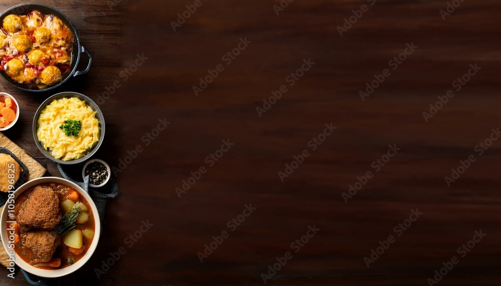 cozy comfort food table scene top down view over a dark wood banner ...