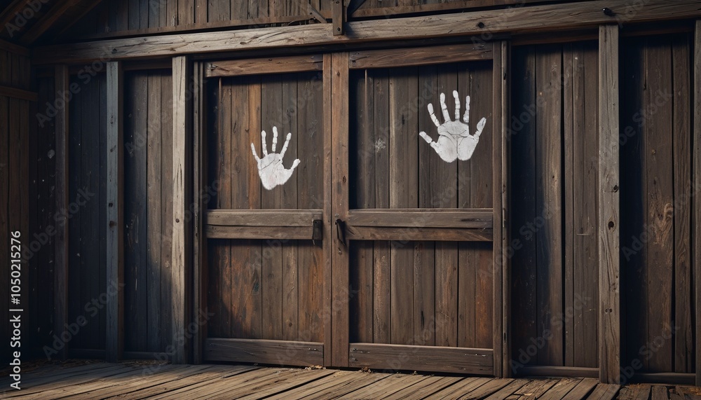 An old barn door with ghostly handprints and claw marks, swinging open ...