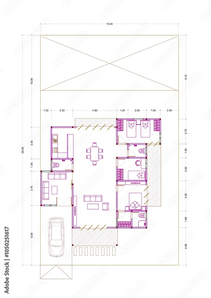 2D top view floor plan of a single-story house on a 15x25m lot, featuring notations for room ...
