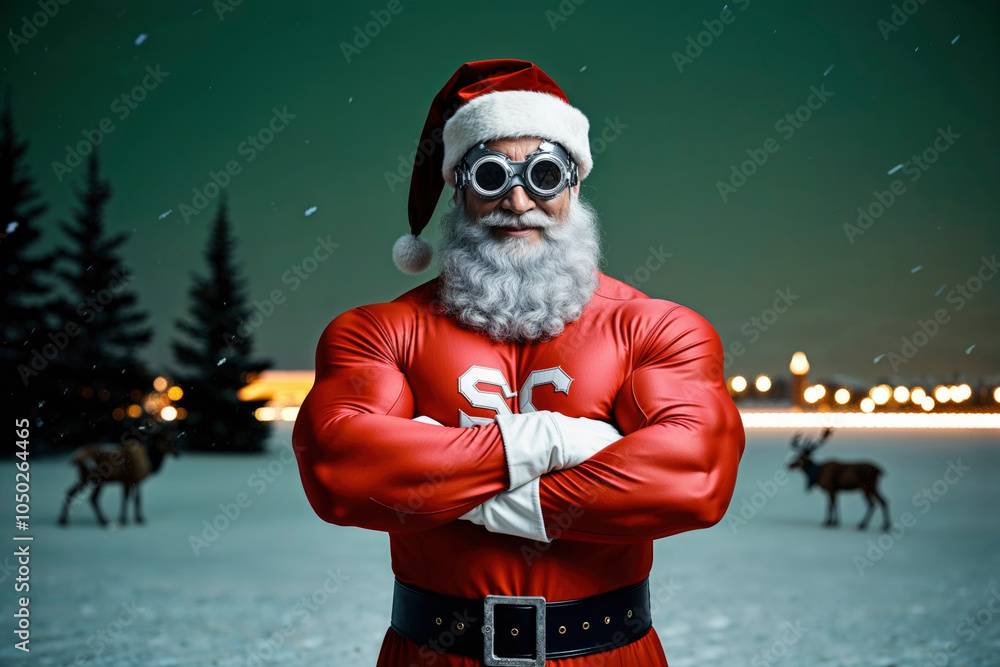 half-length portrait of Santa Claus as a muscular superhero wearing a ...