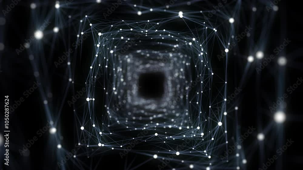 Futuristic sci-fi square portal in space. 3D blue ai tunnel with dots ...