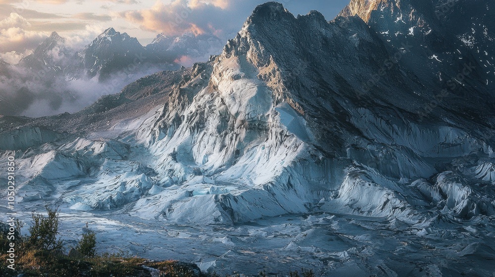 The mountain peak is covered with thick snow, and the rock structure of ...