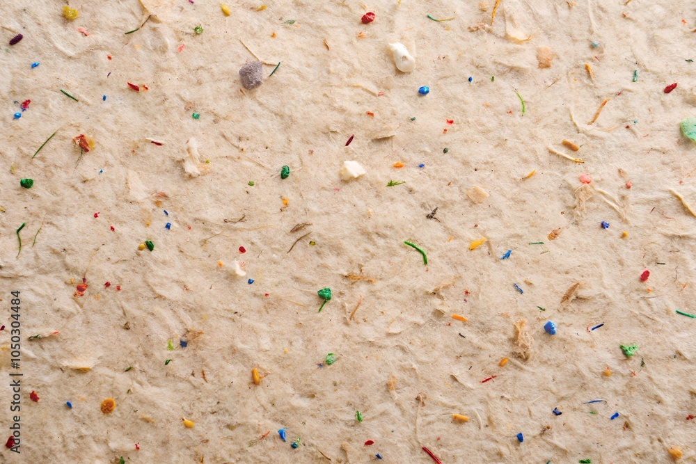 Recycled paper pulp background with colorful specks, offering a ...
