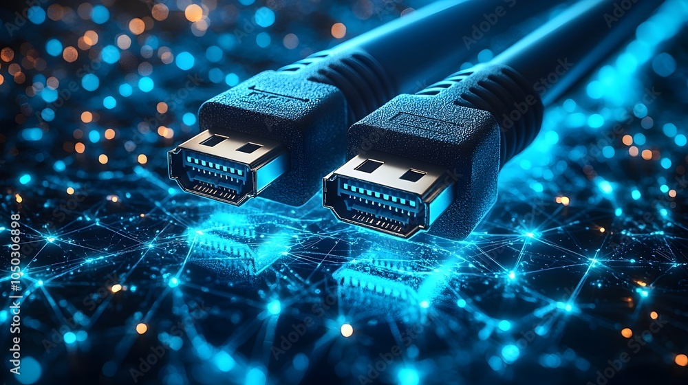 Glowing RJ45 Ethernet cables in soft blue light set against a sleek digital backdrop featuring ...