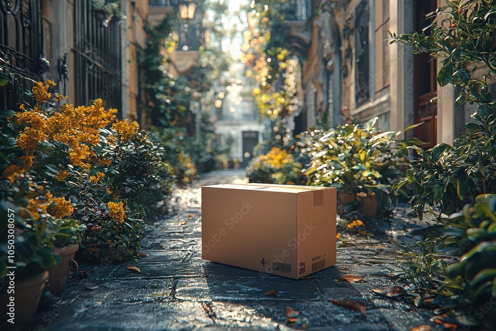 Cardboard box in a picturesque alley surrounded by lush plants and ...